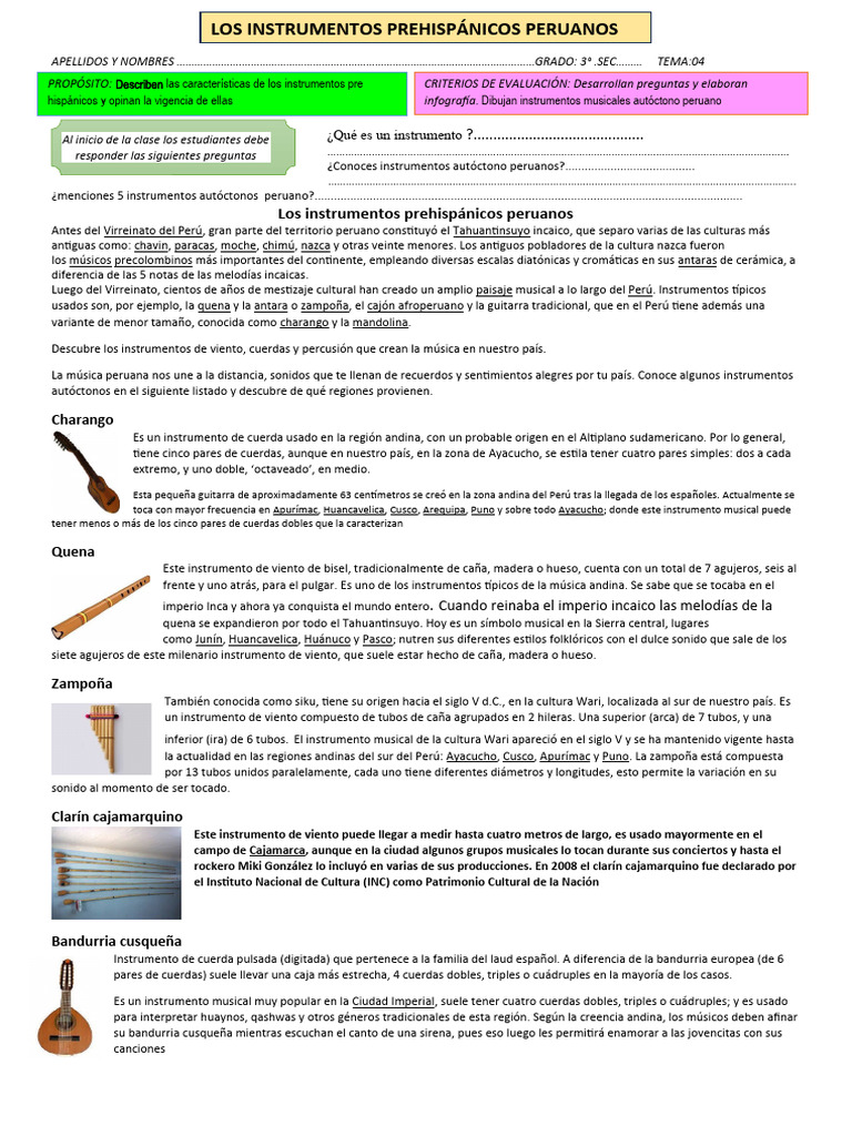 3° Tema N° 4 Los Instrumentos Musicales Prehispanica | PDF ...