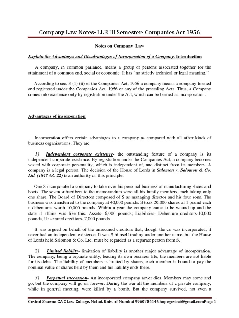 Company Law | PDF | Partnership | Legal Personality