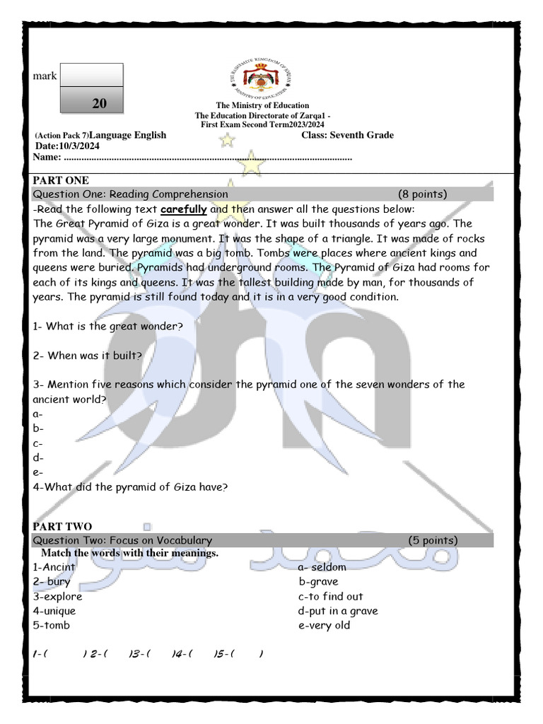 7th Grade First Exam Second Semester 2016 | PDF | Pyramid | Linguistics