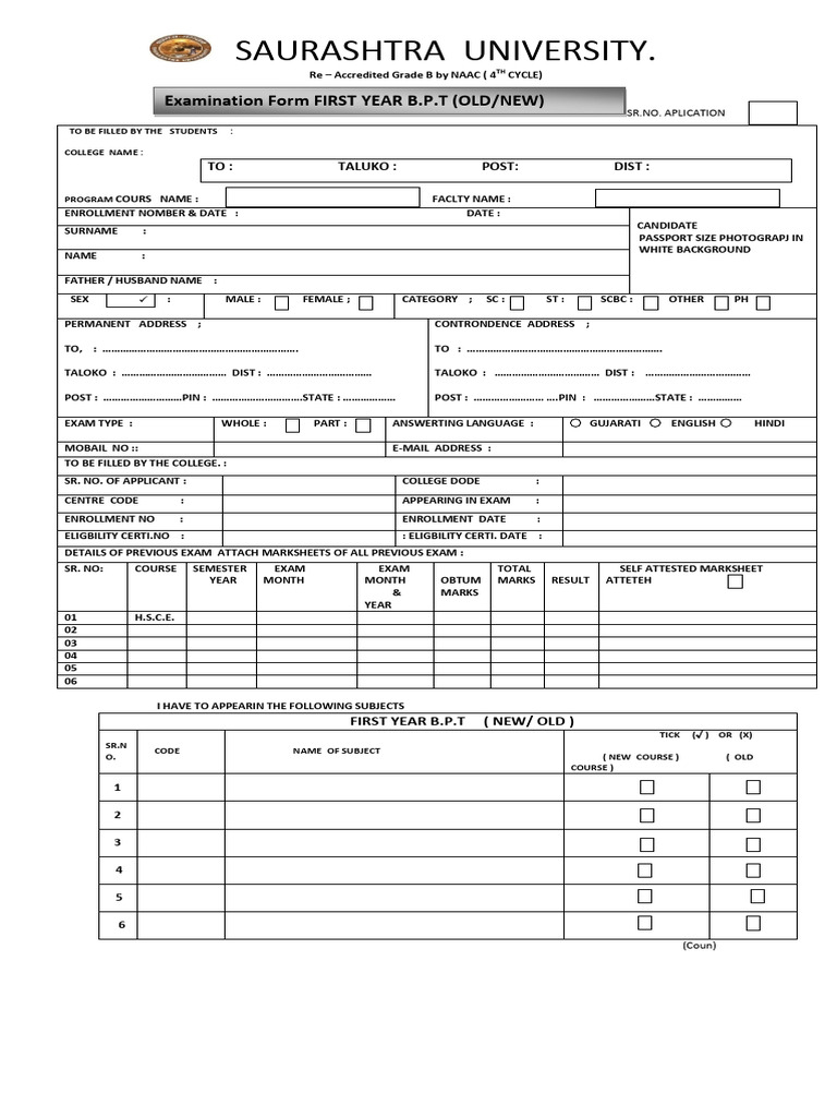 BPT First Year Examination Application Form | PDF