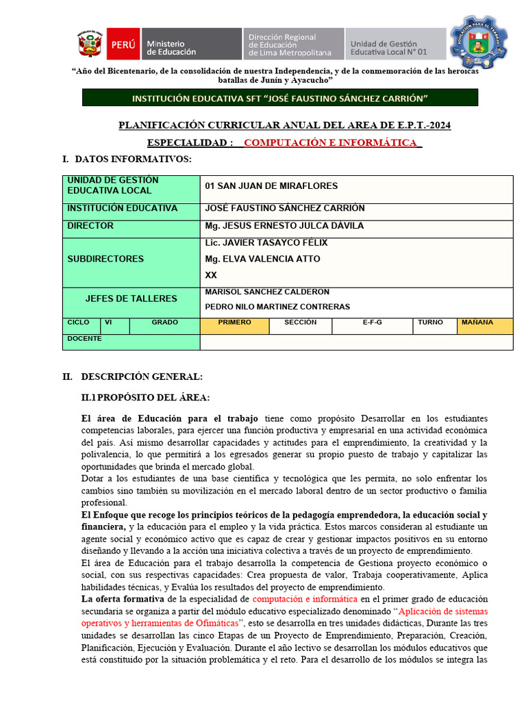 Planificación Curricular Anual - de - EPT-JFSC-2024 | PDF | Evaluación | Aprendizaje