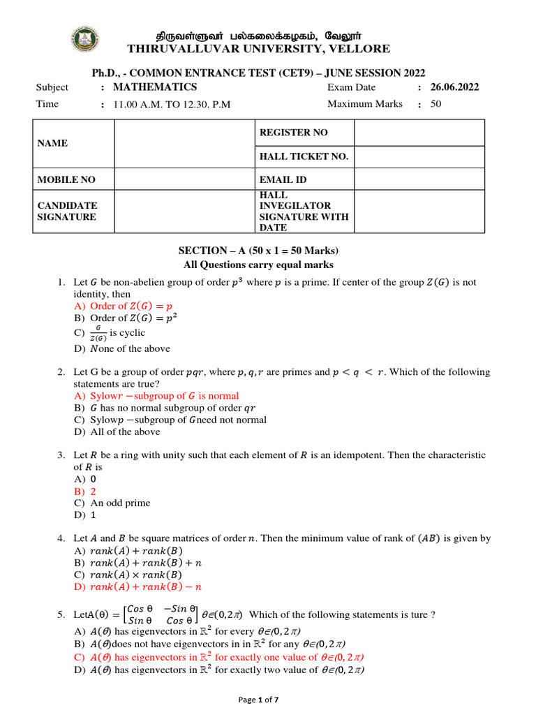 PhD Mathematics CET June 2022 Exam Paper | PDF | Qualifications