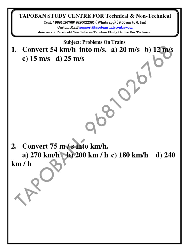 Train Speed and Length Problems | PDF | Metrology | Physical Quantities