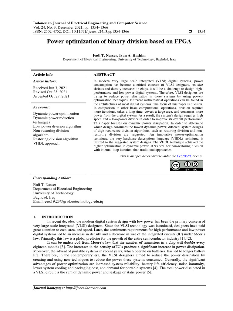 Power Optimization Of Binary Division Based On Fpg Pdf Mosfet Logic Gate