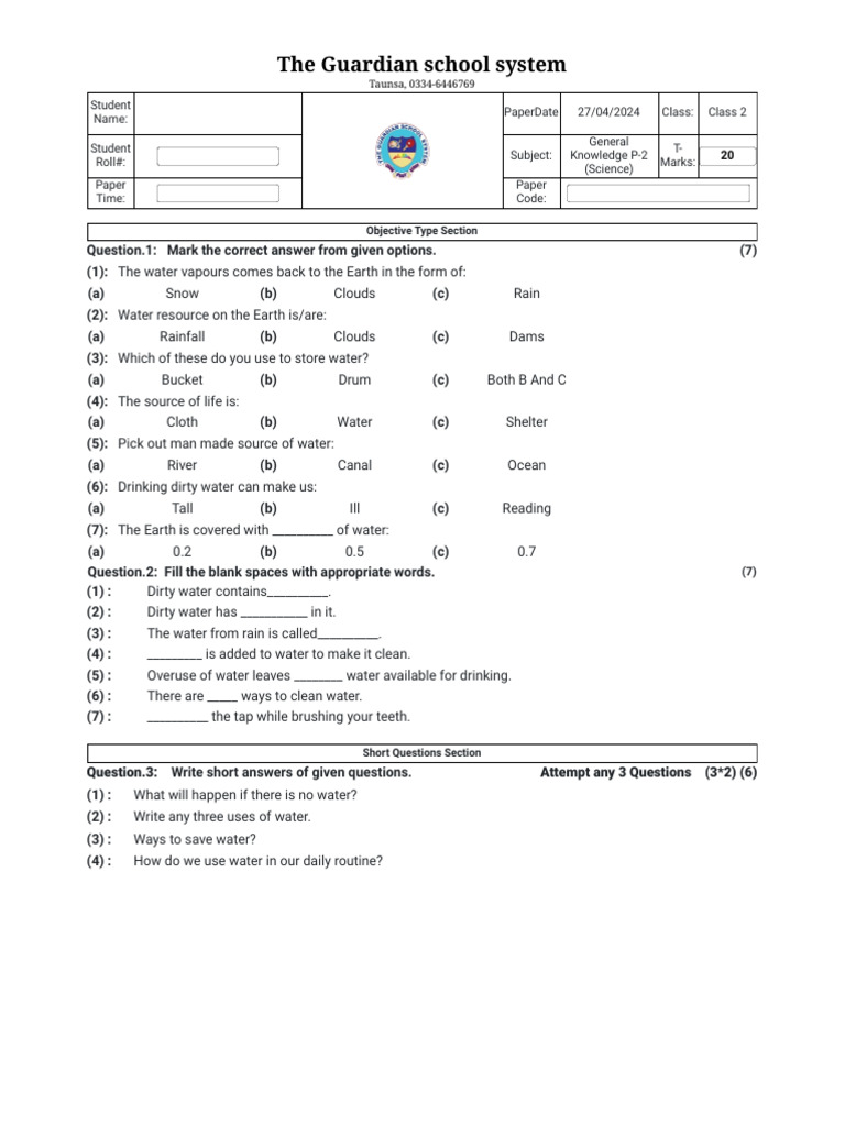 Class 2 Science Quiz on Water | PDF | Water | Environmental Engineering