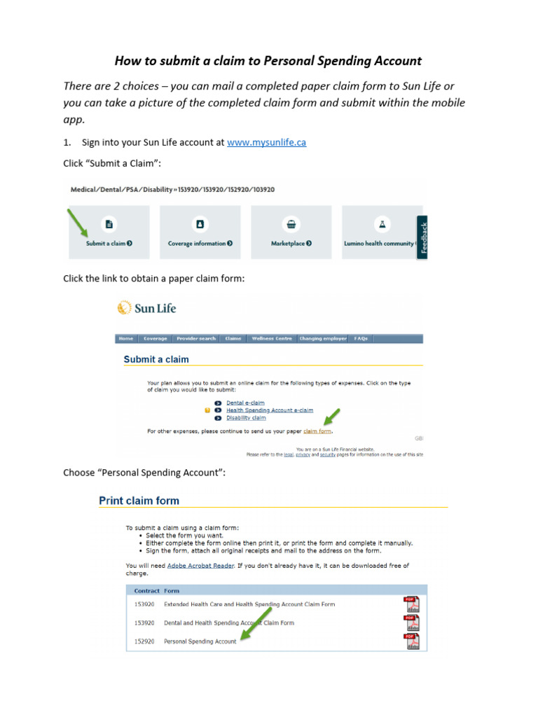 How To Submit An Online Claim To Personal Spending Account - Sun Life | PDF