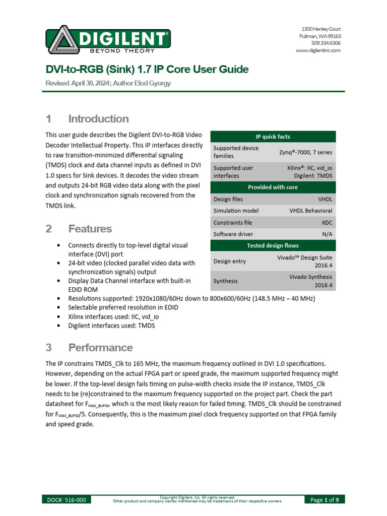 Dvi2rgb - v1 - 7 Digilent FPGA Core IP Reference | PDF | Field Programmable Gate Array | Electronics