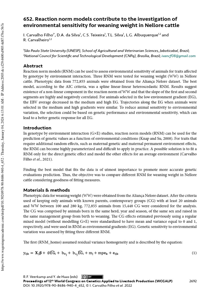 Carvalho Filho Et Al 2023 652 Reaction Norm Models Contribute To The Investigation of ...