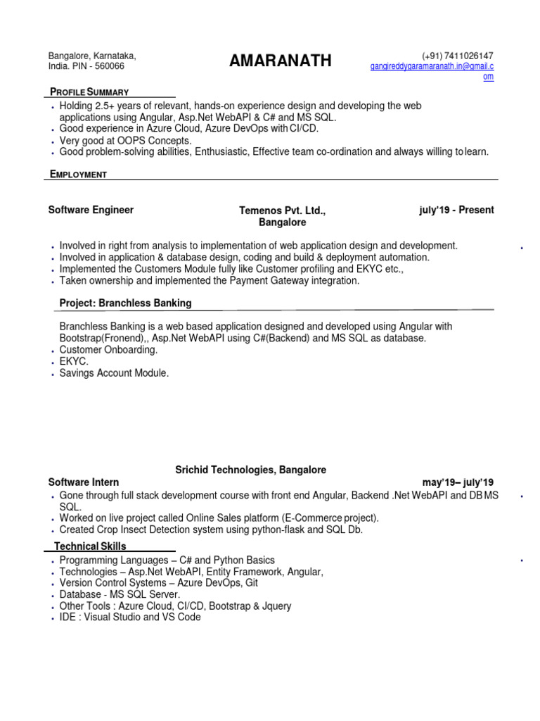 Amaranath Bengaluru Bangalore 2.05 Yrs | PDF | Microsoft Sql Server ...