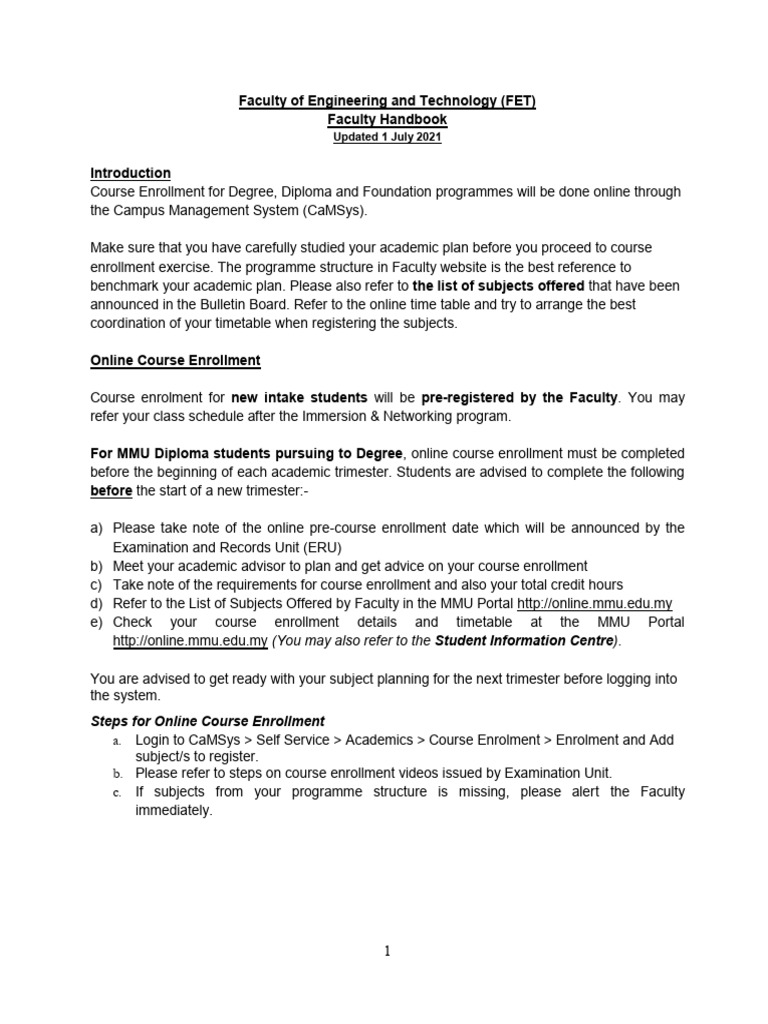 Faculty Handbook FET - 01072021 | PDF | Course Credit | Academic Term