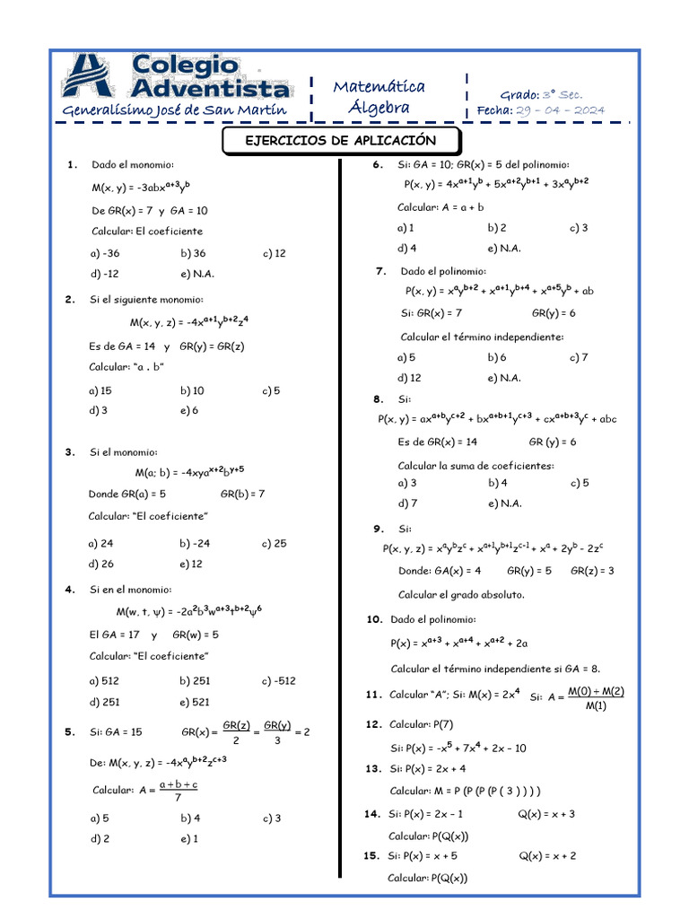 Grado de Un Monomio y Polinomio | PDF | Álgebra abstracta | Algoritmos