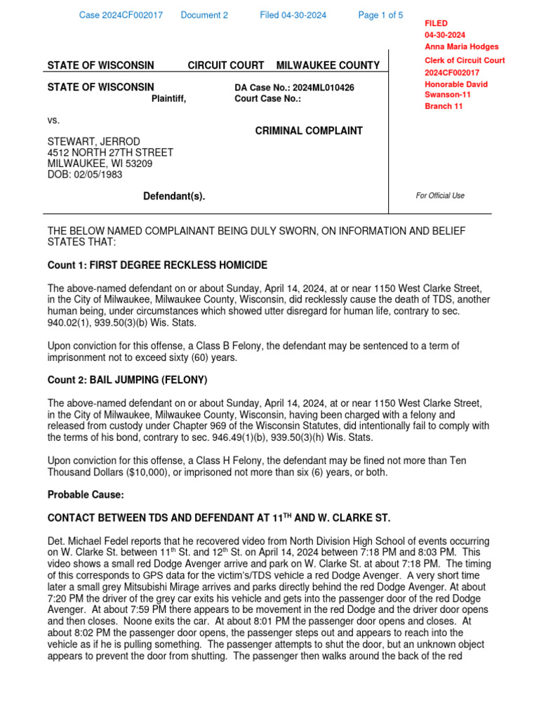 Criminal Complaint For Jerrod Stewart | PDF | Wisconsin Circuit Courts ...