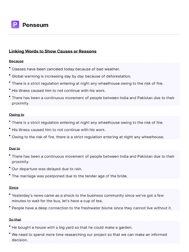 Linking Words - Causes or Reasons | PDF