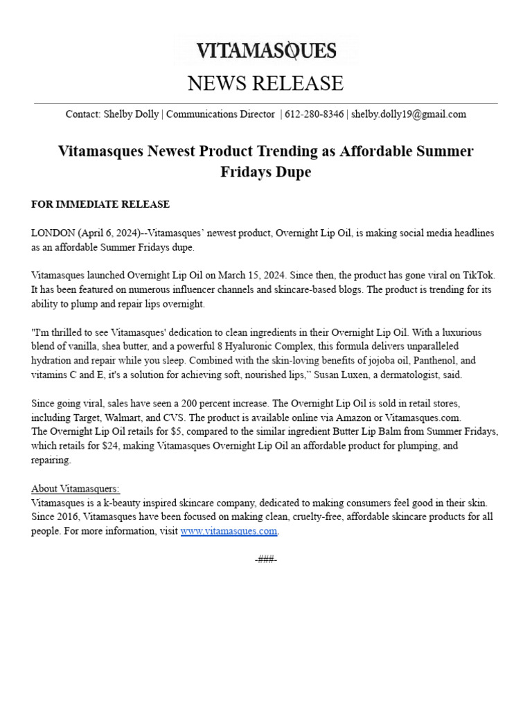 Vitamasques Media Writing Samples | PDF | Cosmetics