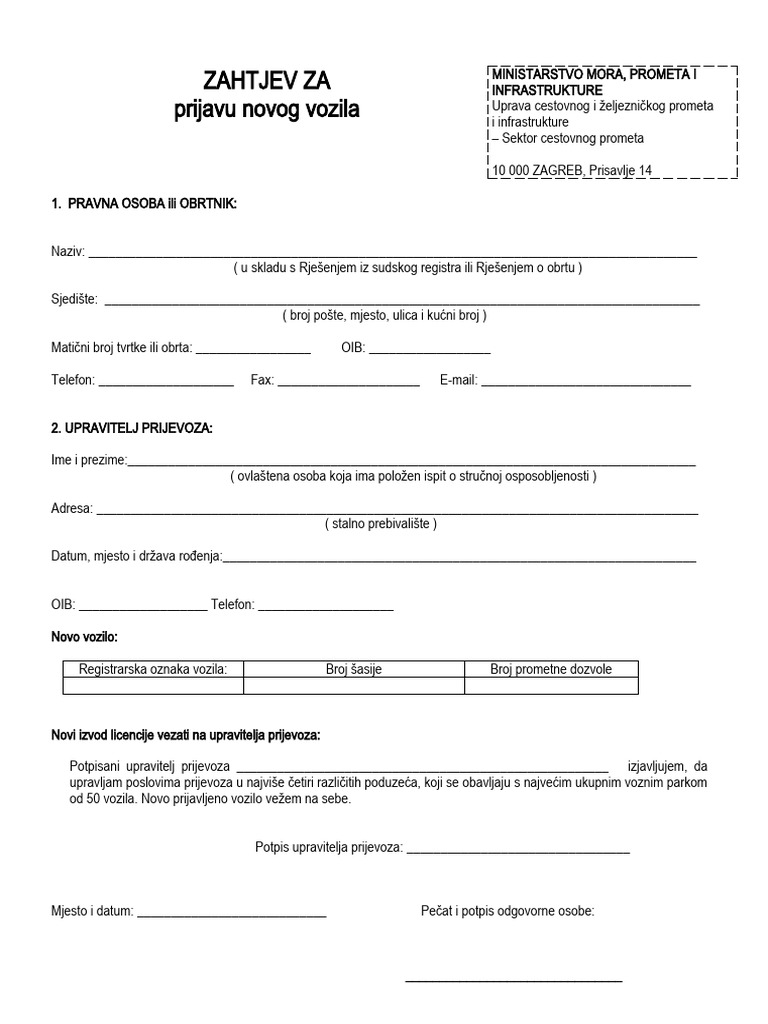 Zahtjev Za Prijavu Novog Vozila 6-7 - 22 | PDF