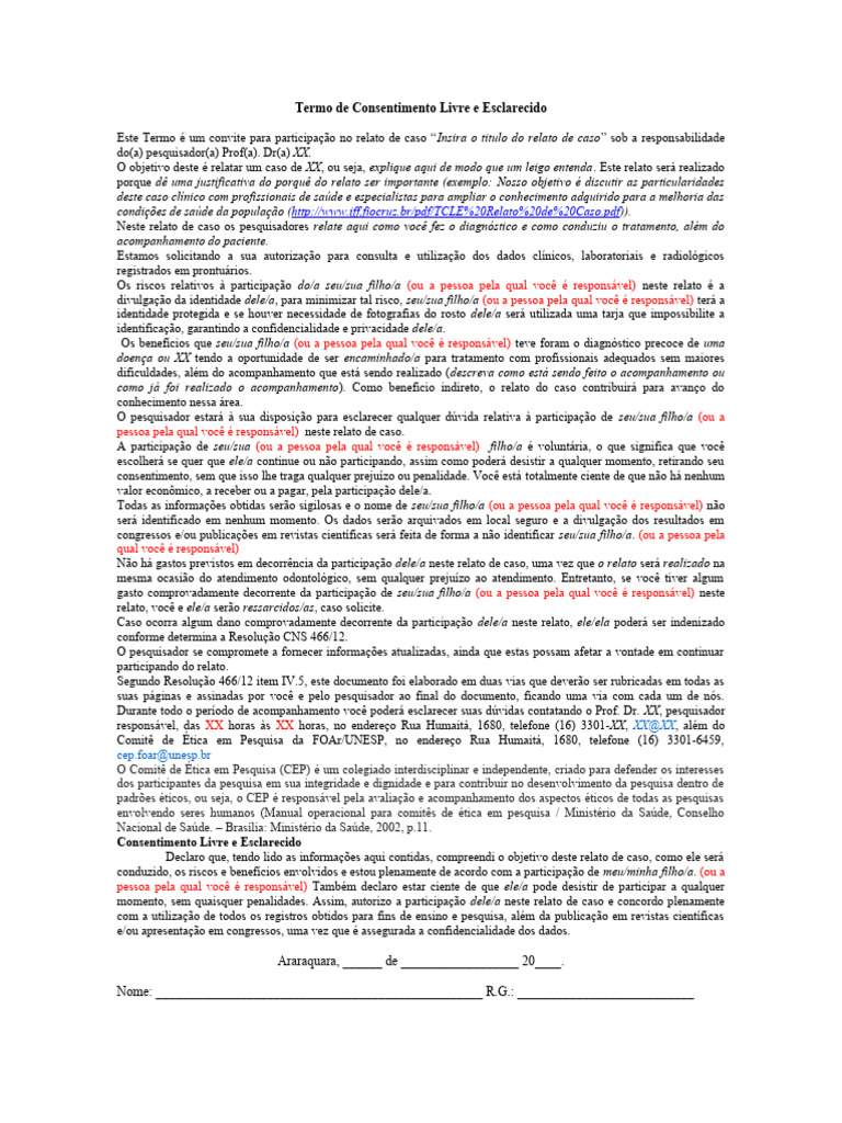 Modelo Tcle Responsaveis Da Crianca Relato de Caso Atualizado em ...