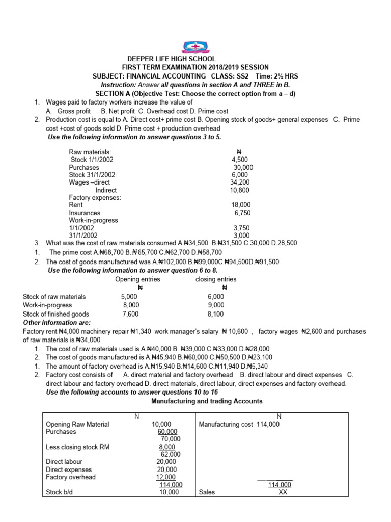 SS 2 Fin. Accounting First Term Exam | PDF | Debits And Credits ...