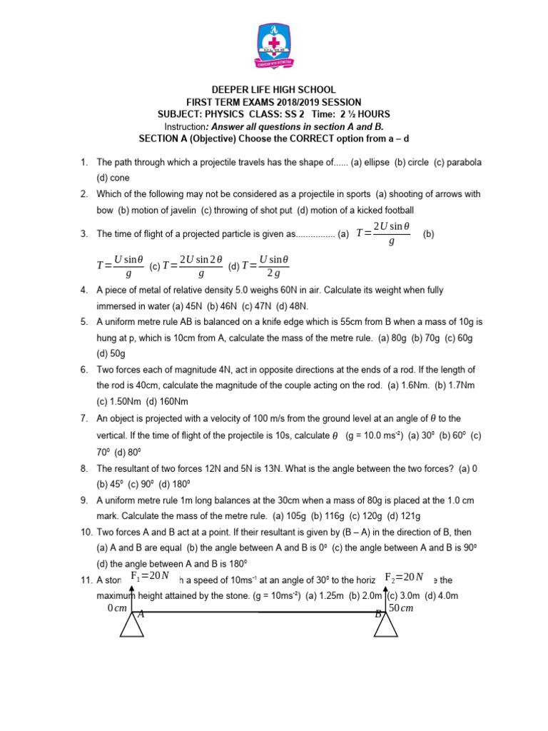 SS 2 Physics First Term Exam | Download Free PDF | Buoyancy | Acceleration