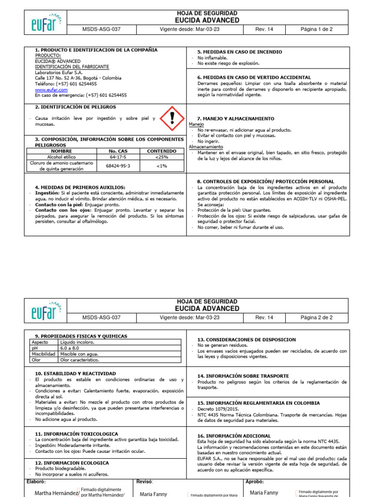 Hoja de Seguridad Eucida Advanced | PDF