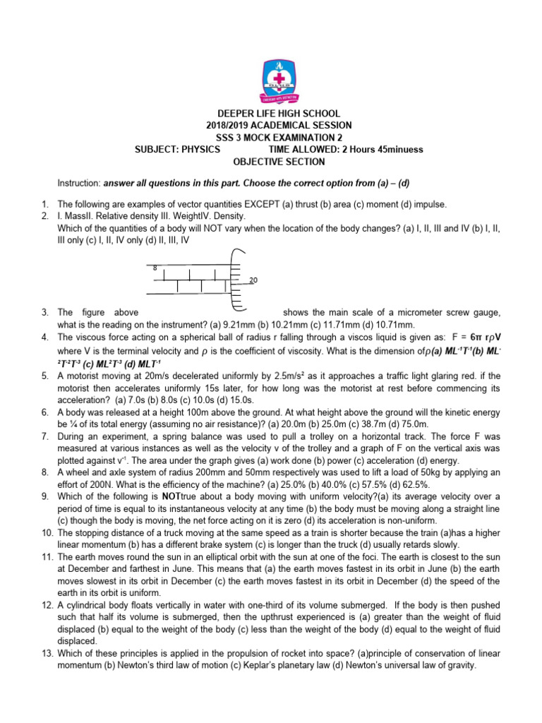 Physics Mock Exam for SSS 3 Students | PDF | Force | Inductor