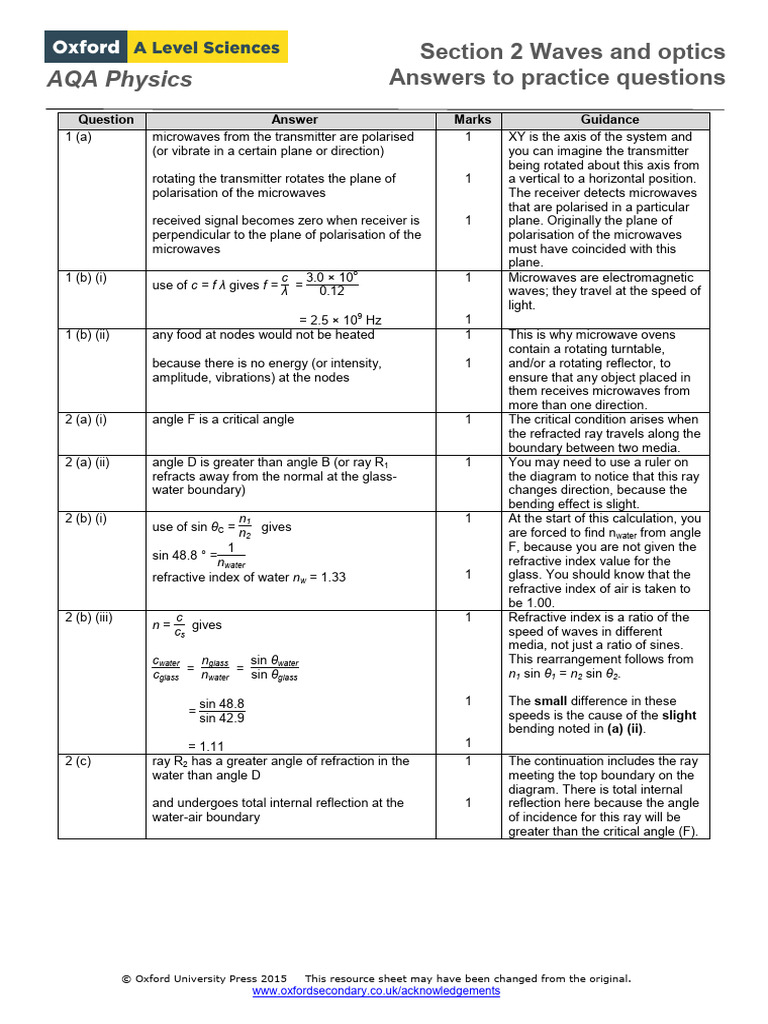 AQA AS Physics Section 2 Answers | Download Free PDF | Polarization (Waves) | Refraction