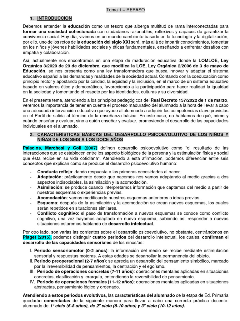 Tema 1 - Oposiciones Educacion Primaria | PDF | Pensamiento | Aprendizaje