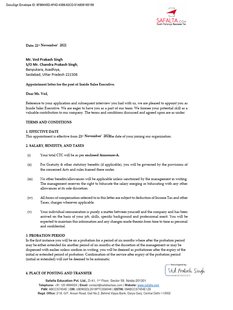 Ved Prakash Appointment Letter-Safalta | PDF | Employment | Breach Of ...