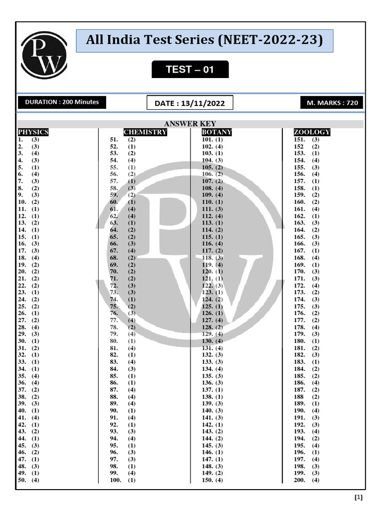 AITS 01 - Answer Key | PDF | Cell (Biology) | Cell Membrane
