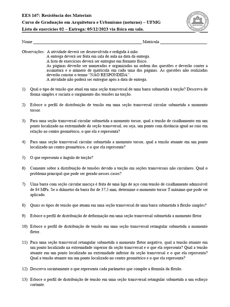 Lista de Exerc Cios 02 | PDF | Estresse (Mecânica) | Flexão (Física)