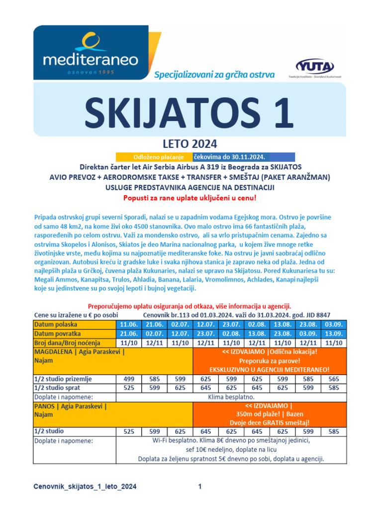 Cenovnik Skijatos 1 Leto 2024 | PDF