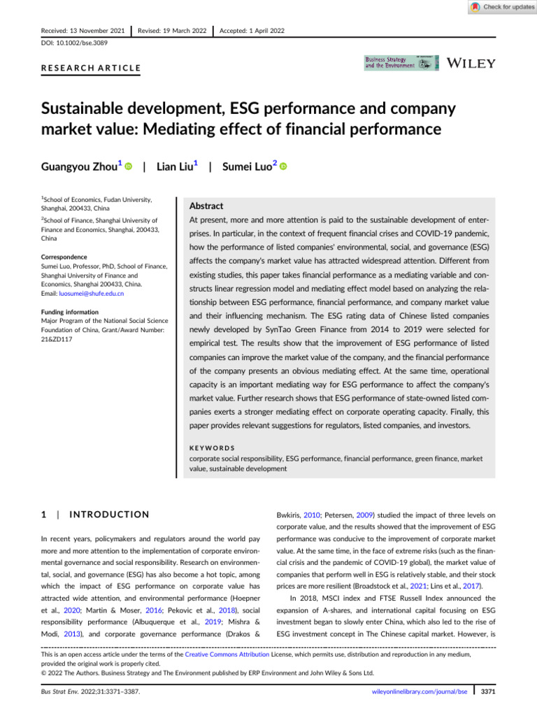 Bus Strat Env - 2022 - Zhou - Sustainable Development ESG Performance and Company Market Value ...