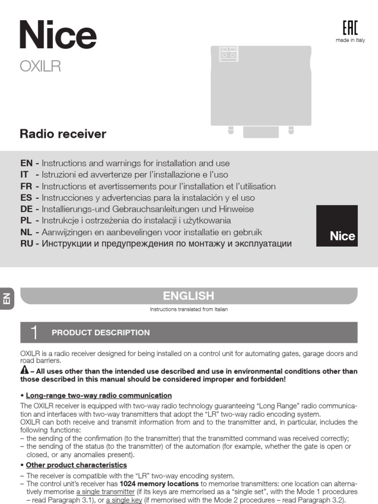 Manual Nice Oxilr Radio Receiver Two Way | PDF | Electrical Connector | Electrical Engineering