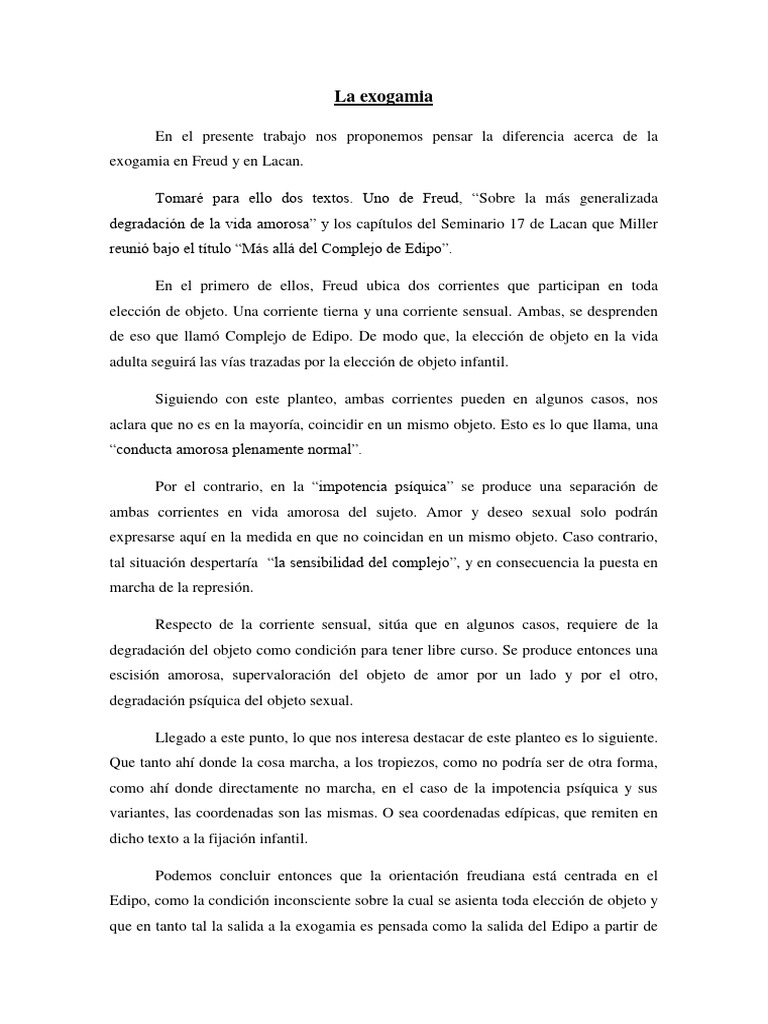 La Exogamia | PDF | Complejo de Edipo | Jacques Lacan