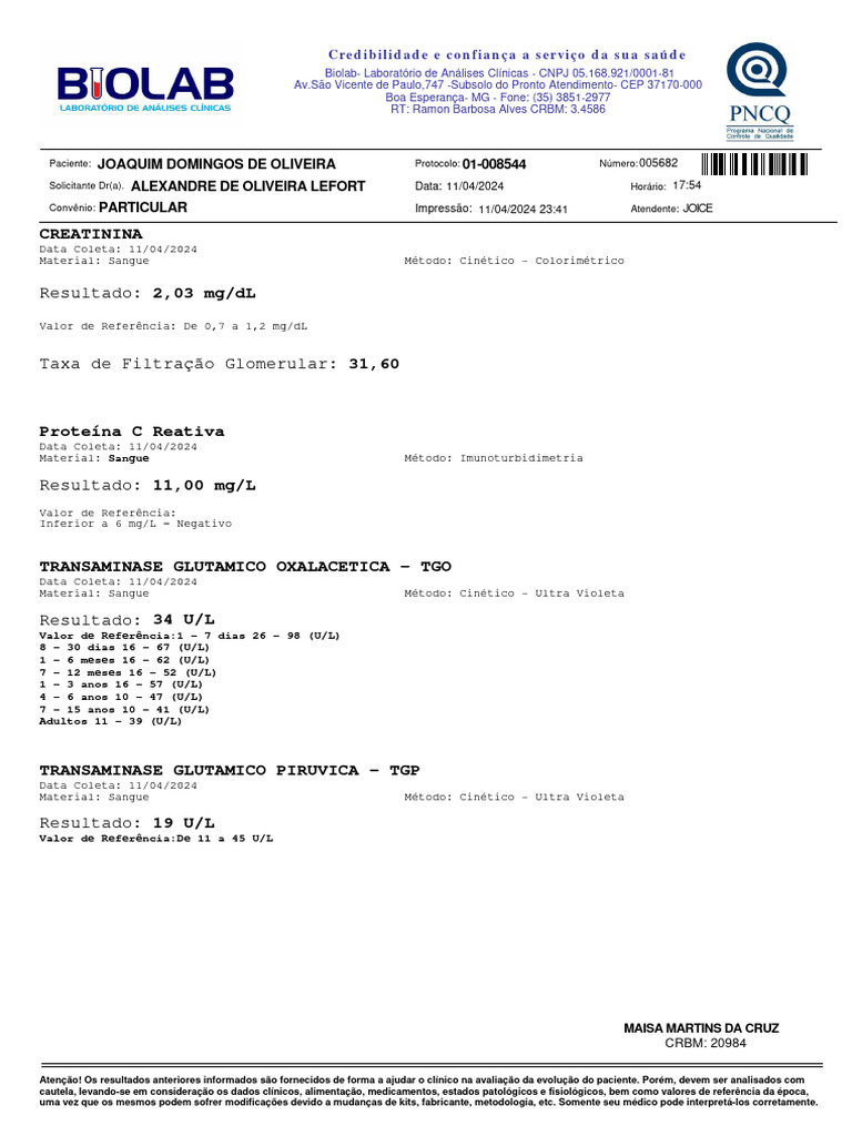Creatinina: Resultado: 2,03 MG/DL | PDF | Fluidos corporais | Medicina ...