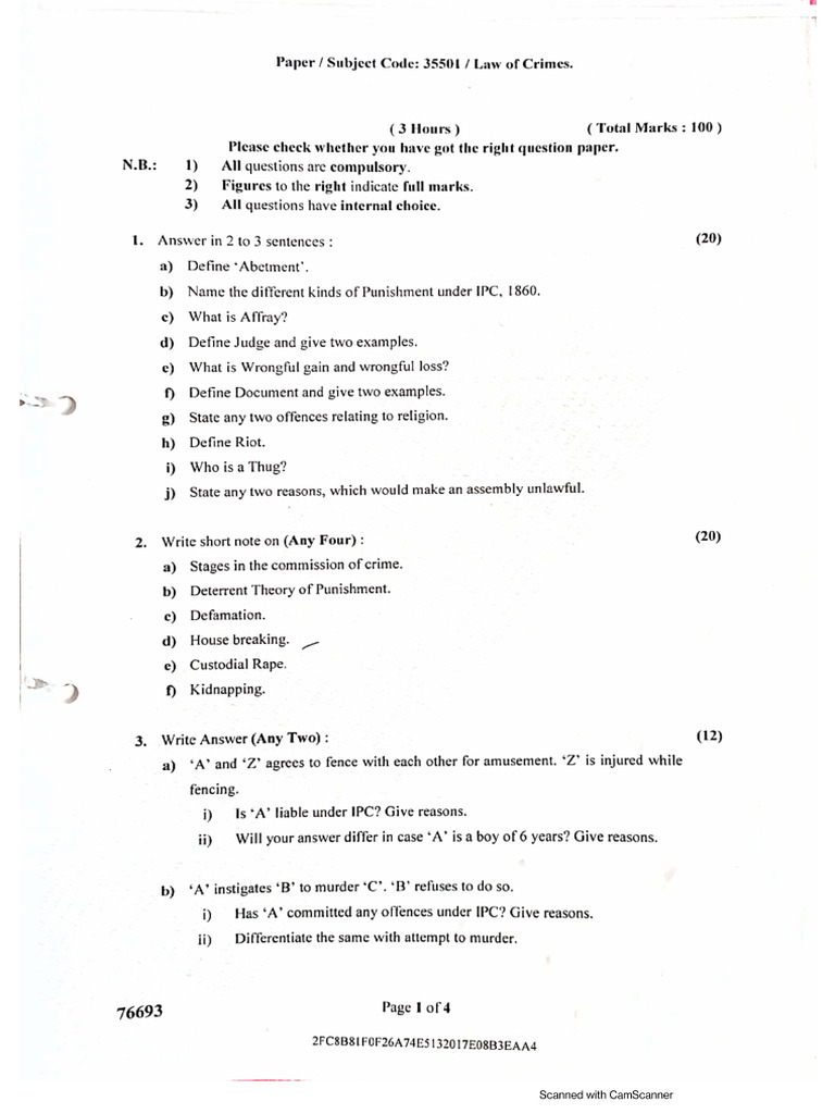 Law of Crimes Question Paper | PDF