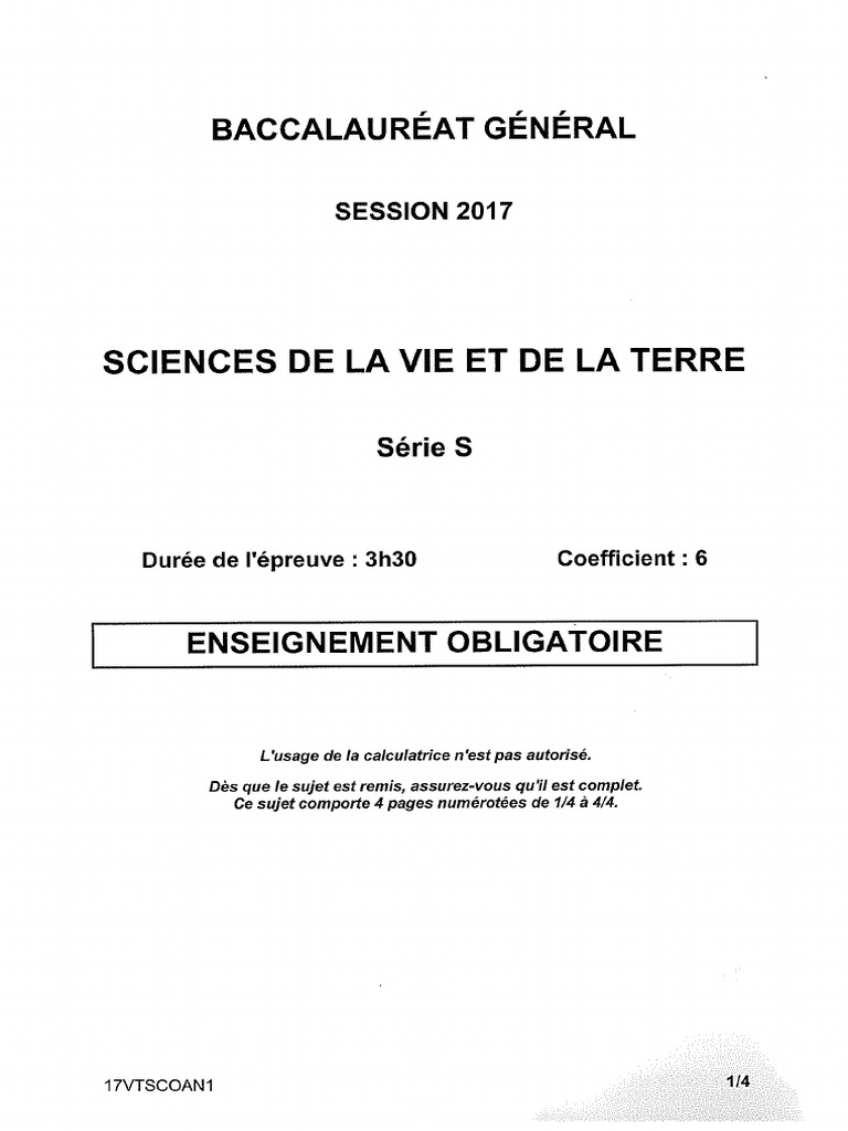Sujet Amérique Du Nord SVT Bac S 2017 | PDF