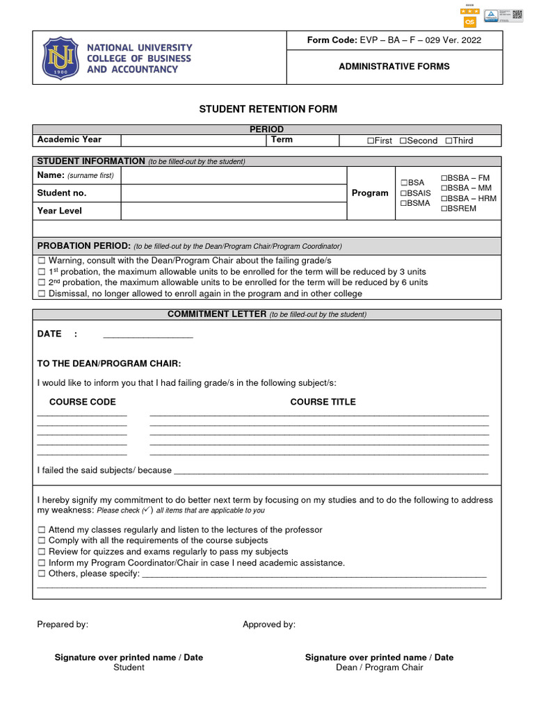 Student Retention Commitment Form | PDF