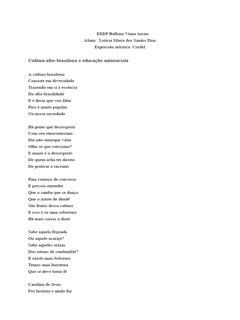 Cultura Afro Brasileira e Educação Antirracista Poema - CORDEL | PDF