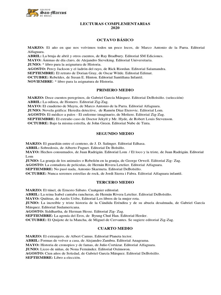 Plan Lector 8 Basico I IV Medio | PDF