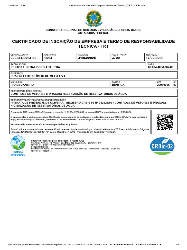 TRT - Termo de Responsabilidade Técnica (Controle de Pragas e HDR) (Rentokil-Rj) Val.31.03.2025 ...