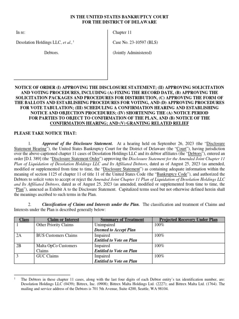 1003bittrex Confirmation Hearing Notice | PDF | Chapter 11 | Bankruptcy