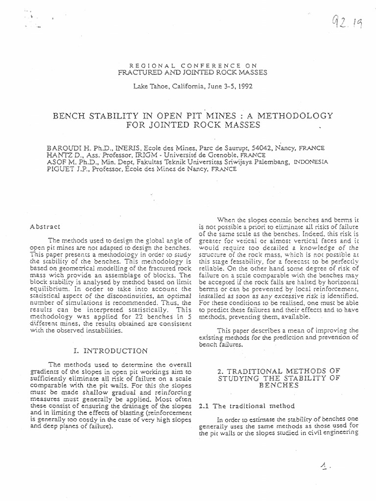 Bench Stability in Open Pit Mines A Methodology | Download Free PDF | Simulation | Probability
