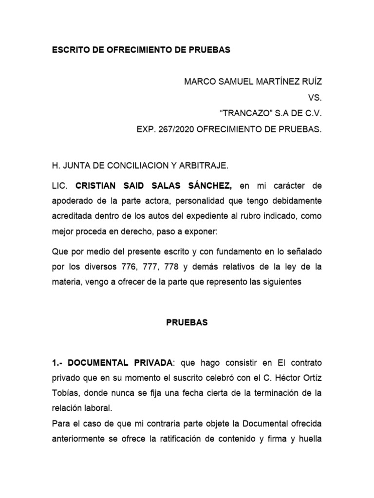 Escrito de Ofrecimiento de Pruebas | PDF