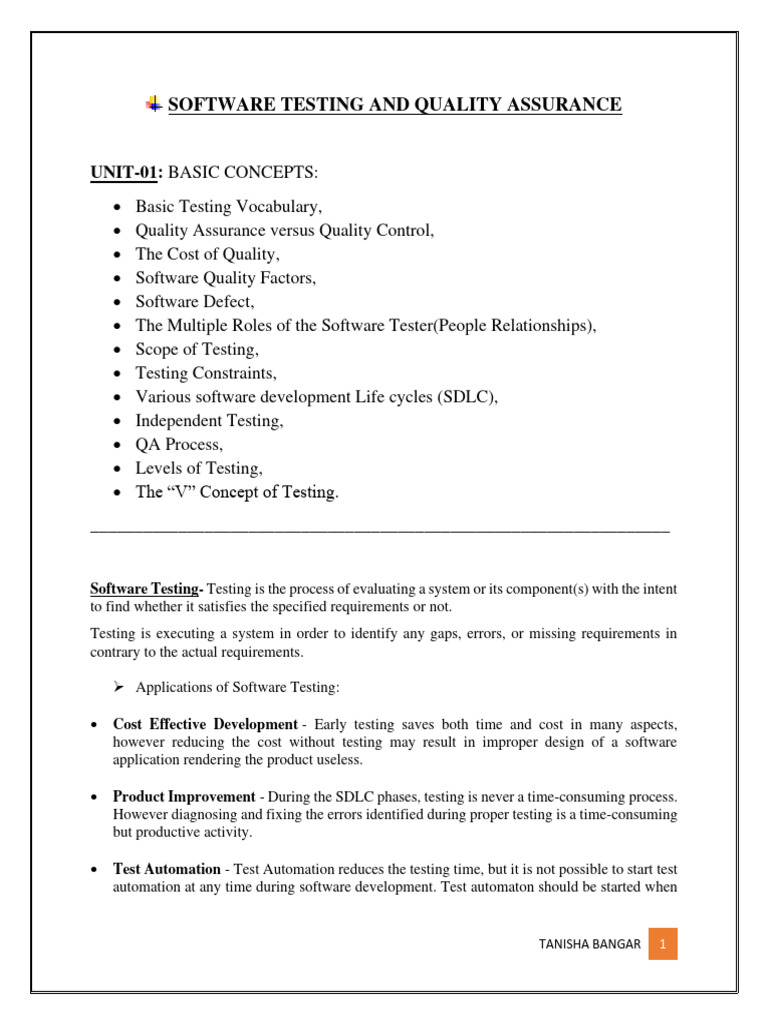 Stqa Unit 01 Self Notes Pdf Software Testing Software Bug 