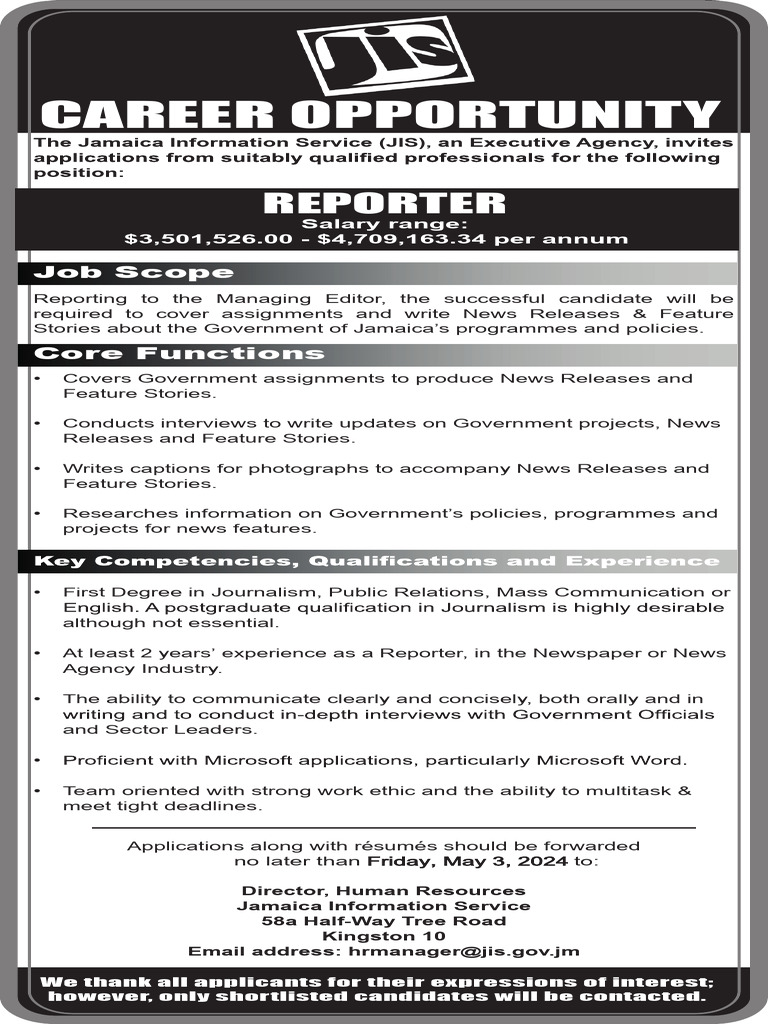 Reporter Job Opening at JIS, Jamaica | PDF