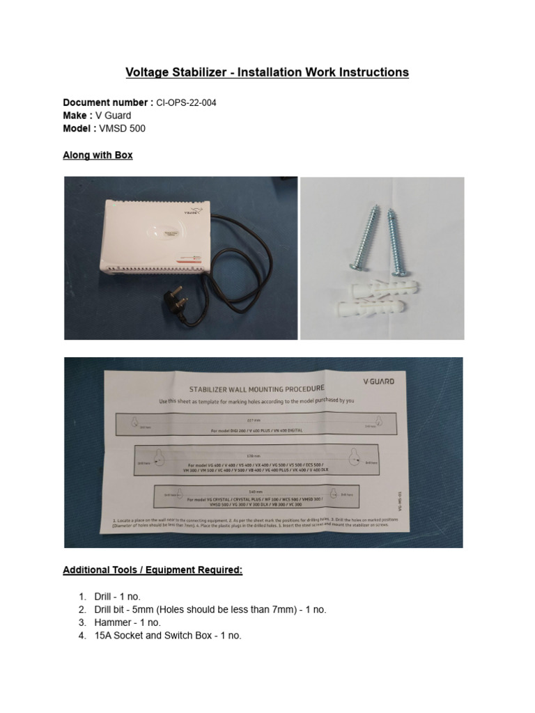 Voltage Stabilizer - Installation Work Instructions | PDF