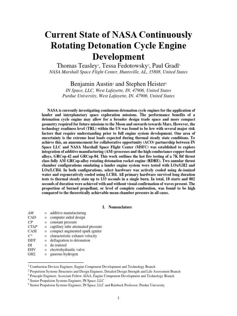 Current State of NASA Continuous Detonation Cycle Engine Development ...