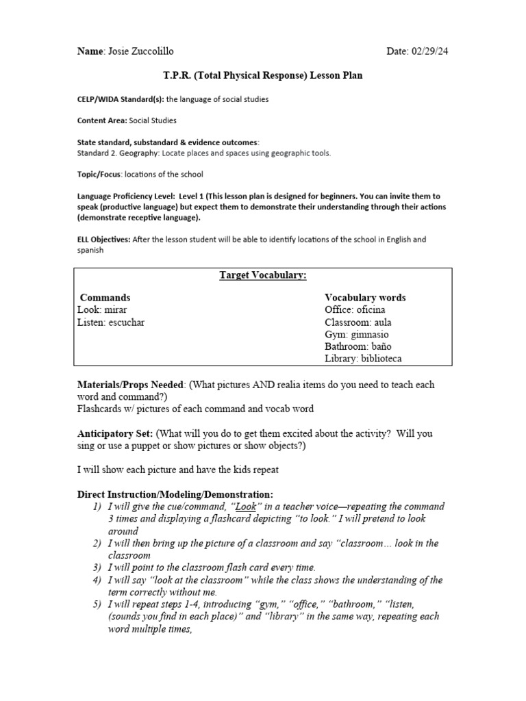 TPR Lesson Template Current | PDF | Vocabulary | Human Communication