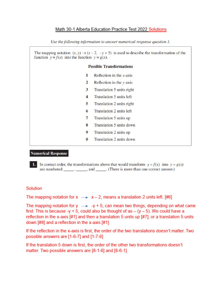 Math 30-1 Practice Test Solution | PDF | Logarithm | Angle
