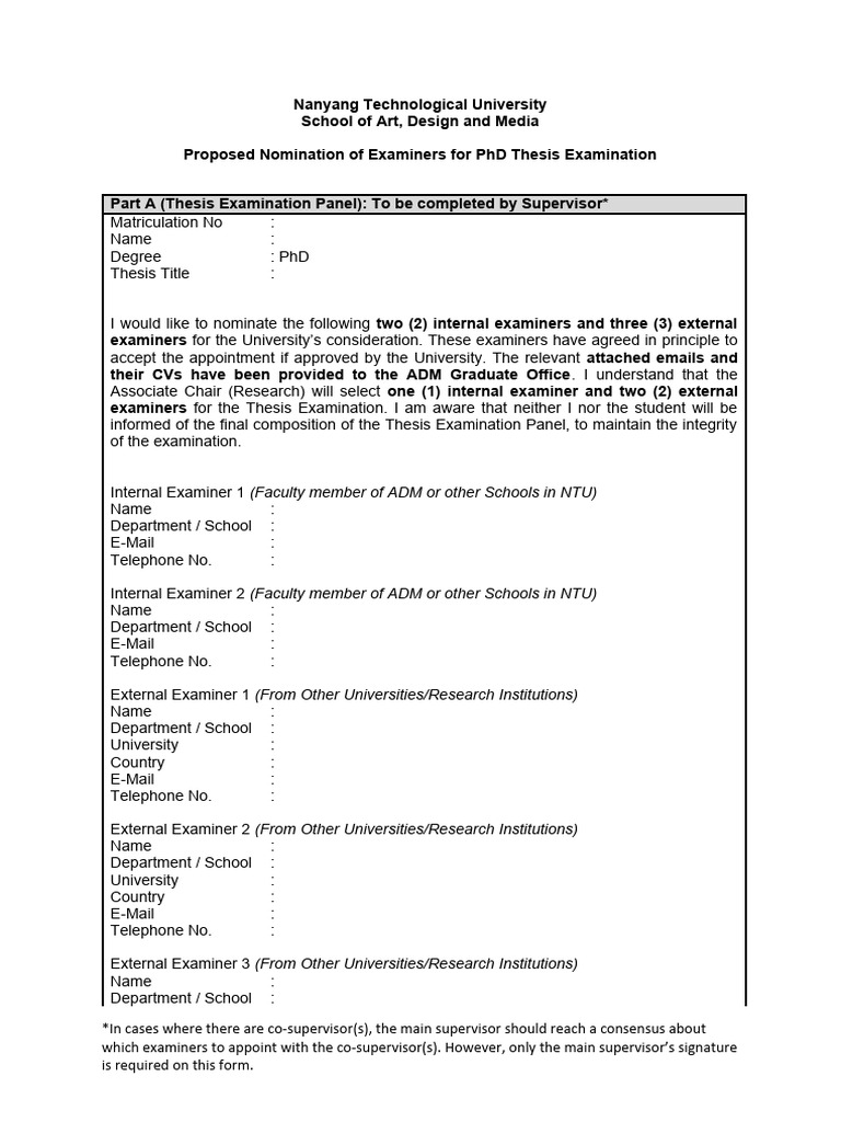 NTU PhD Thesis Examiner Nomination Form | PDF | Thesis | Doctor Of ...